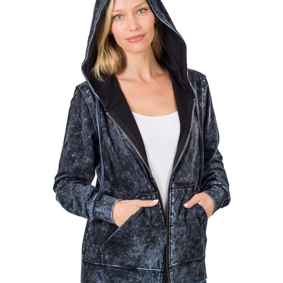 Zenana Outfitters | Tops | Mineral Wash Zippers Hoodie Jacket Blue Grey ...